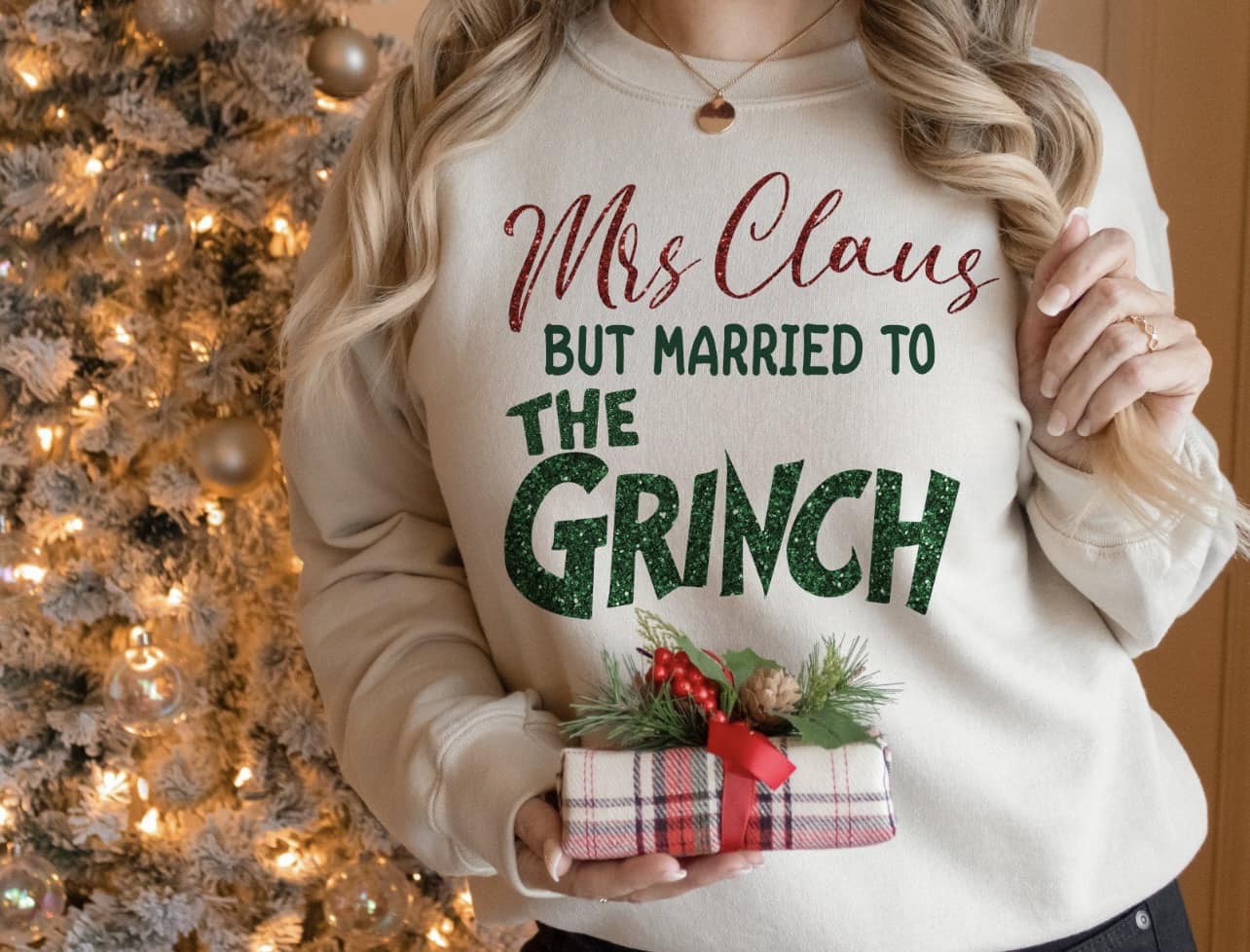 mrs. claus but married to the grinch crew neck sweatshirt – Lily Rae MI
